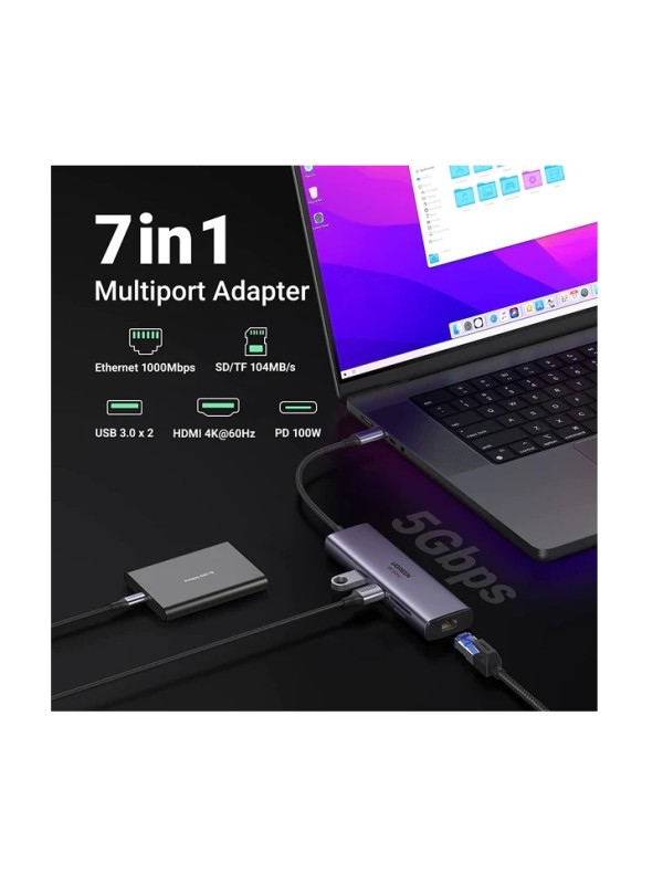 UGREEN CM512-60515 7 IN 1 USB-C DOCKING HUB TO 2 x USB3.0+HDMI+RJ45+SD/TF+PD CONVERTER 60Hz Grey ...